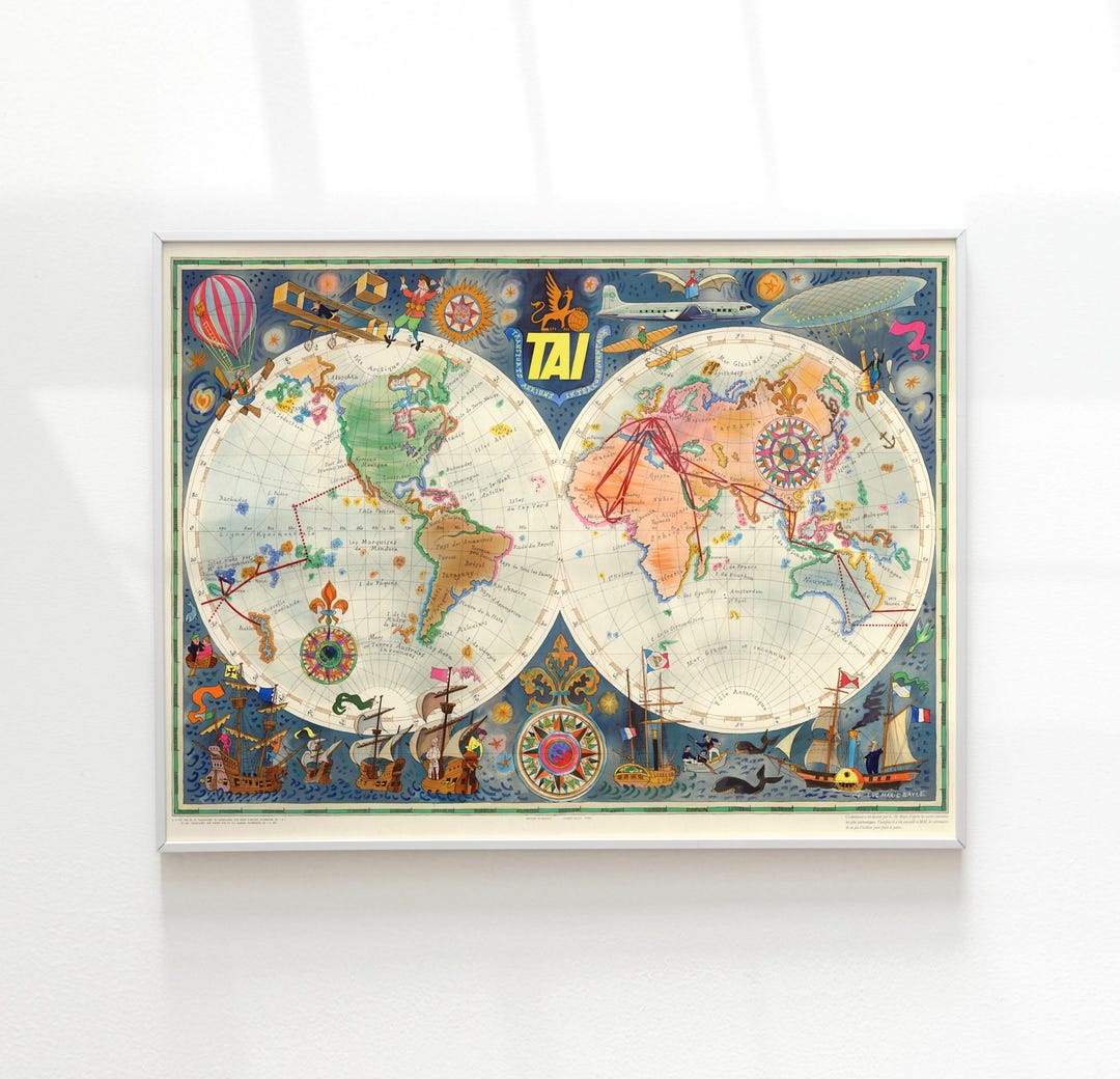 Vintage Illustrated World Map Poster – Whimsical Retro Travel Art ...
