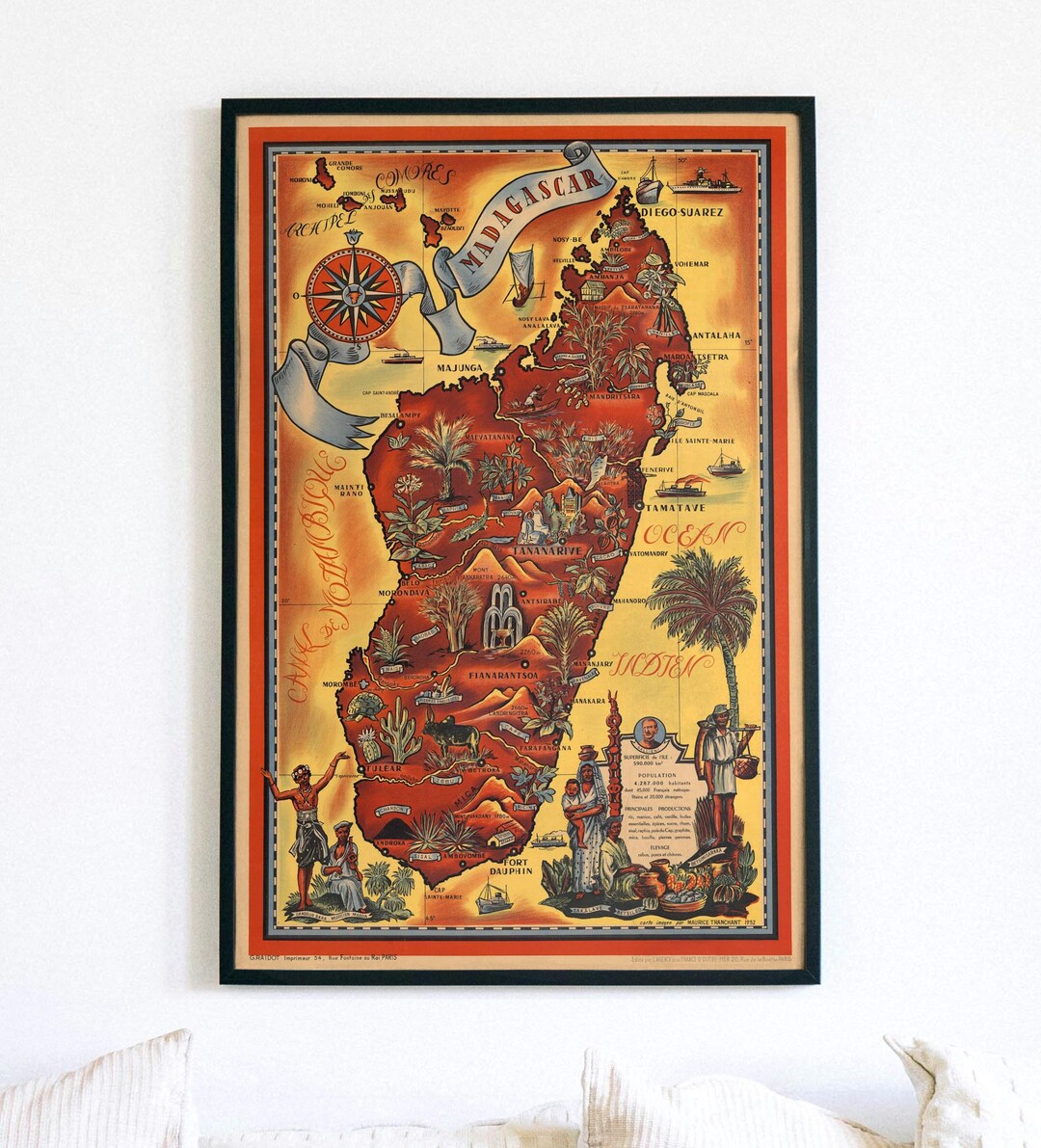 Old Madagascar Map, 1952 Antique Vintage Map of Madagascar Africa, Rare ...
