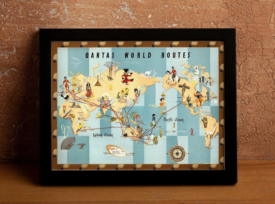 Old Qantas World Map, 1950 Antique Style Vintage Map of the World ...