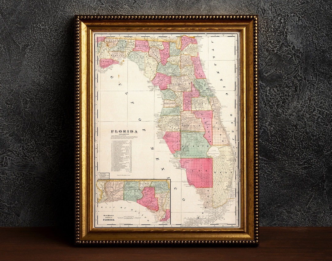 Old Florida Map, 1899 Vintage Antique Style Map of Florida, US, by F ...