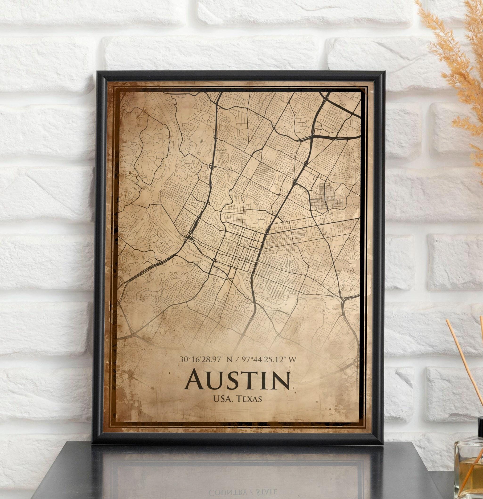 Austin Vintage Map Print, Austin Map, Austin Antique Style Map, Retro ...