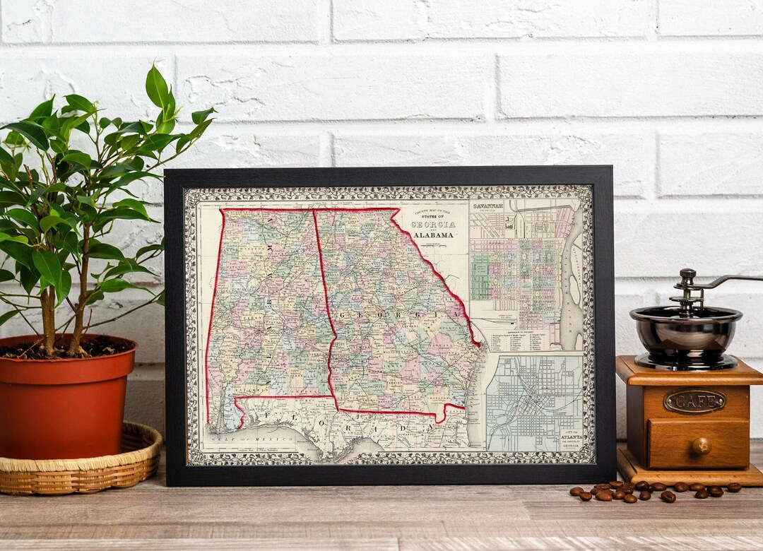 Old Georgia State Map, 1874 Vintage Antique Style Map of Georgia and ...