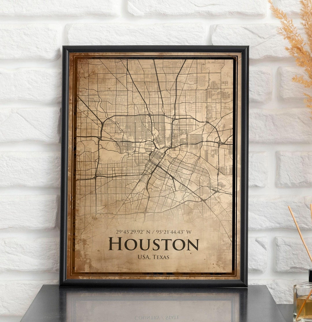 Houston Vintage Map Print, Houston Map, Houston Antique Style Map ...