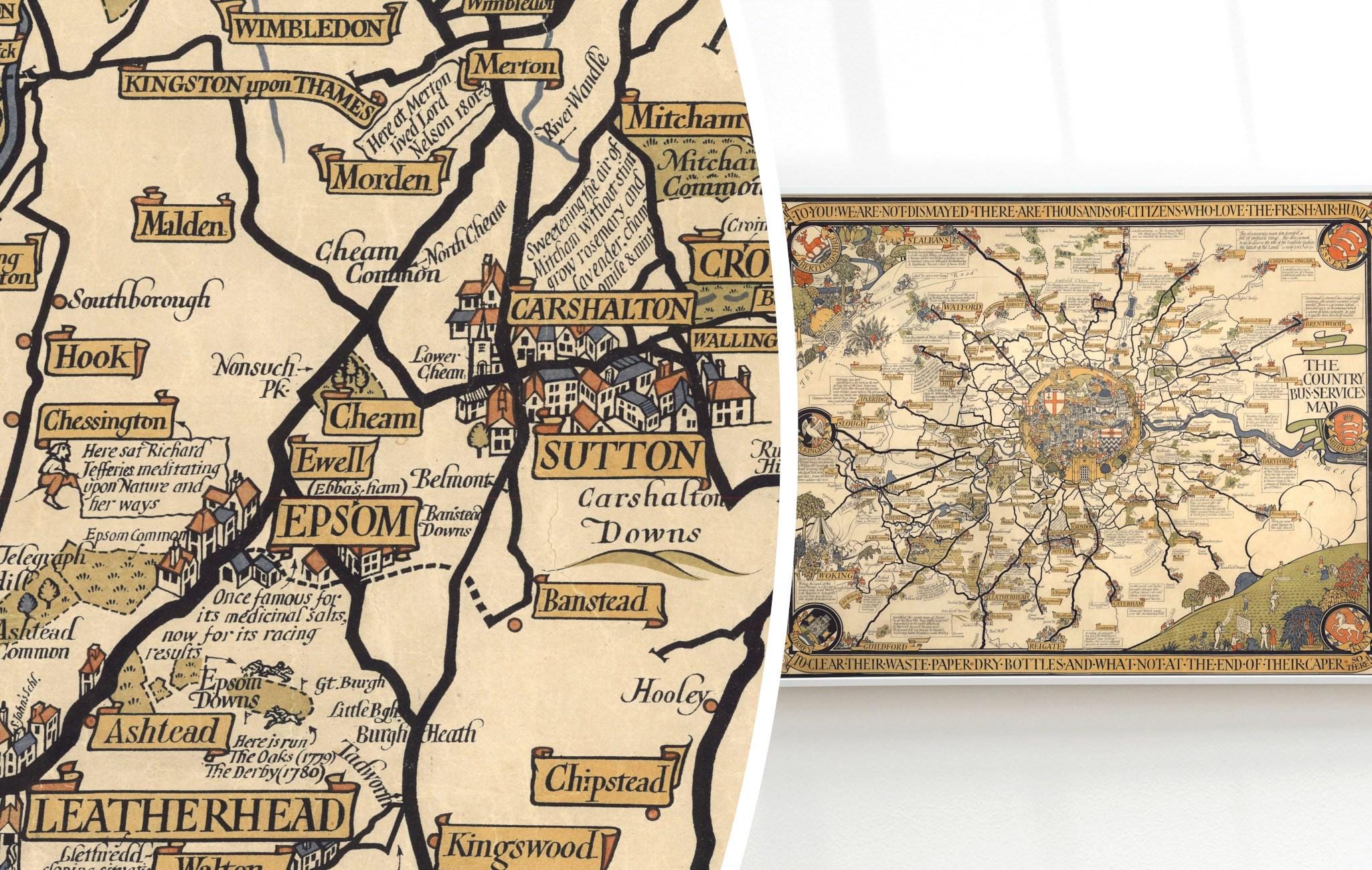 Old London Bus Map, 1928 Antique Style Vintage Map of London and Its ...