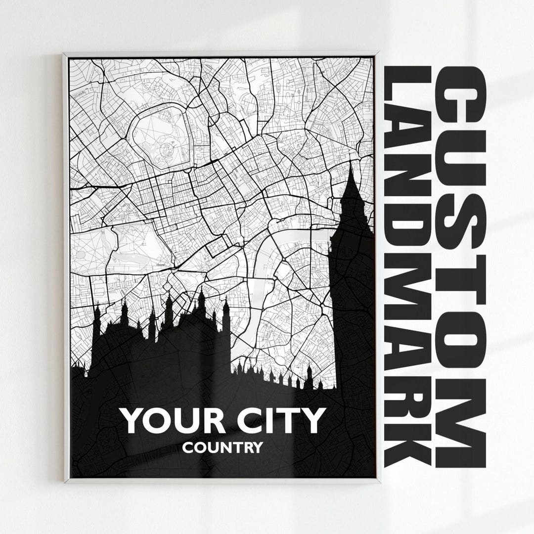 Custom Landmark Map Print, Any City Map, Personalized Black and White ...