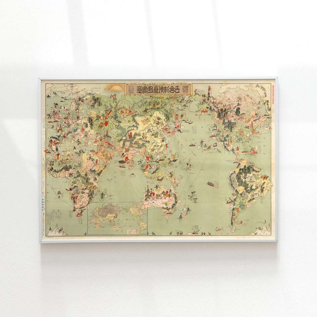 Japanese Pictorial World Map Vintage Poster - Antique Handcolored ...