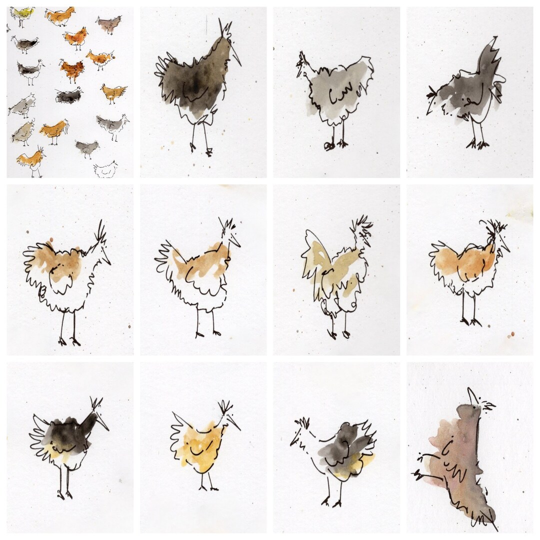 12 X Postcards - Chatting Chickens (2) a Set of 12 Original Art ...