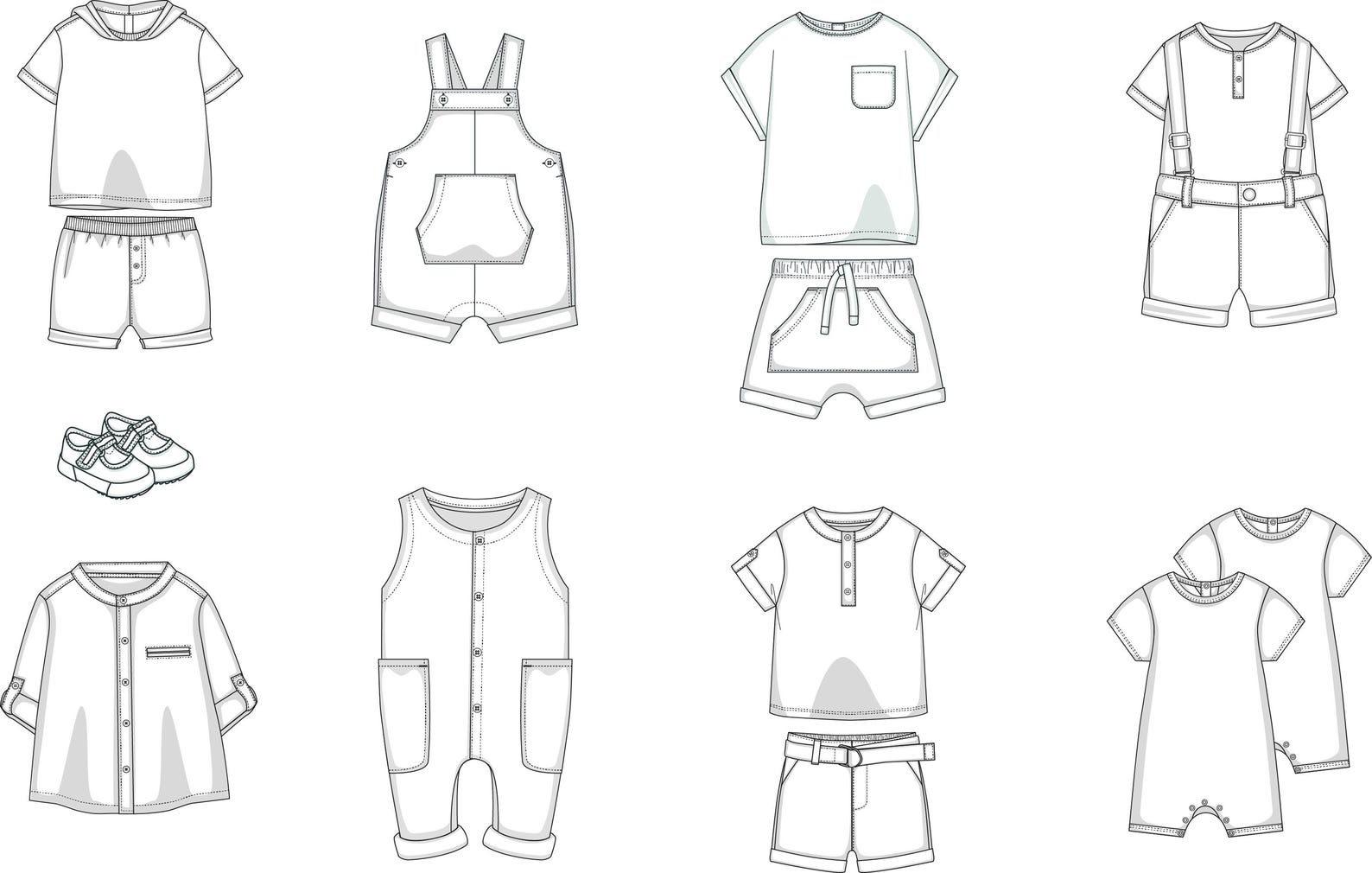Baby Boy Outfit Technical Drawing, Toddler Fashion Flats Set, Summer ...
