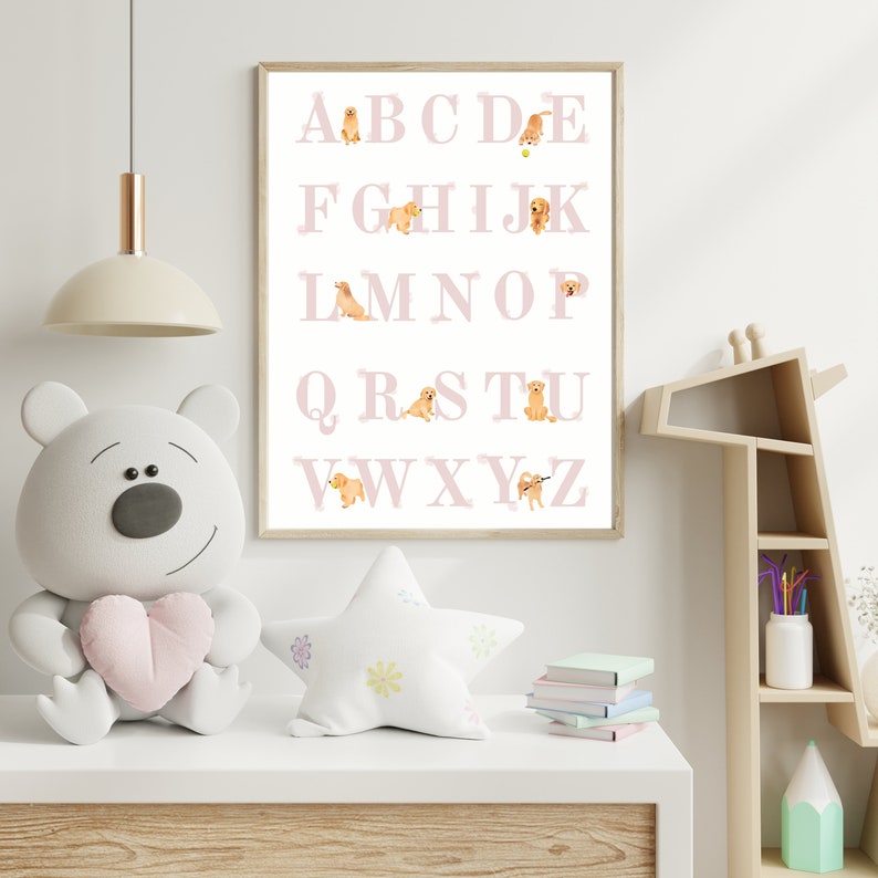 Puppy Dog ABC Poster, Digital Pink Alphabet Print for Kids Room, Cute ...