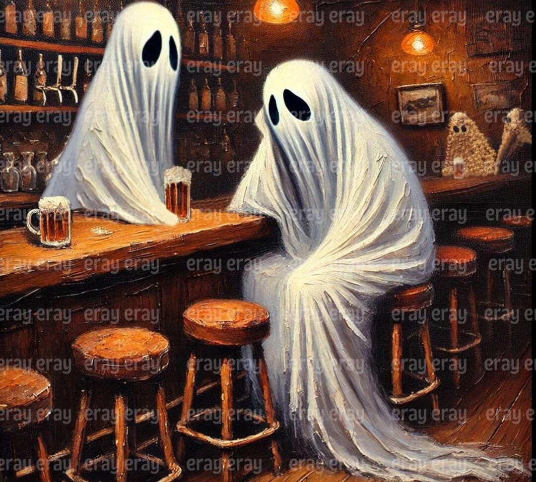 A Ghost in a Bar, Vintage Halloween Ghost Poster, Drunk Ghost Painting ...