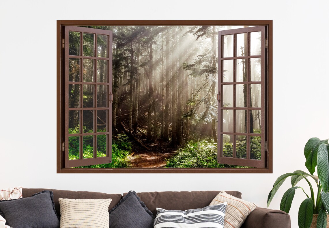 Forest 3D Window Wall Sticker, Trees, Sunlight, Removable Easy Peel ...