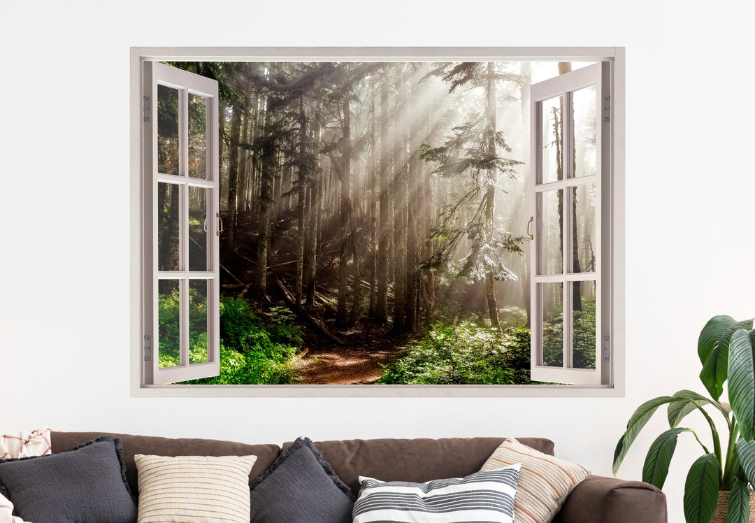 Forest 3D Window Wall Sticker, Trees, Sunlight, Removable Easy Peel ...