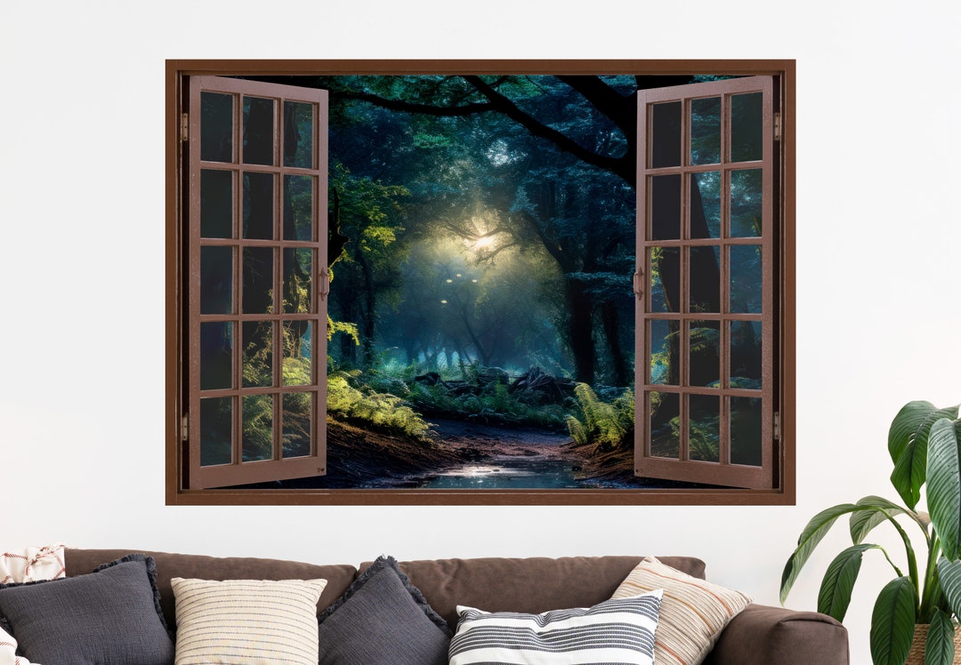 Fairytale Forest Landscape 3D Window Wall Sticker, Trees, Creek ...