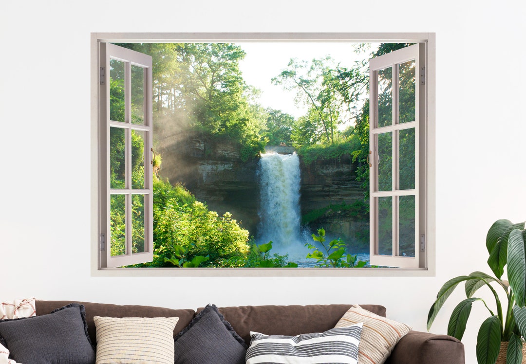 Waterfall 3D Window Wall Sticker, Forest, Trees, Removable Easy Peel ...