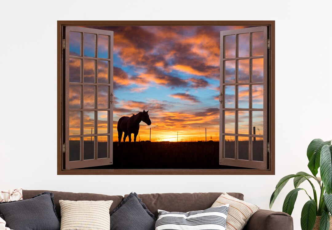 Horse Landscape 3D Window Wall Sticker, Sunset Meadow, Peel & Stick ...