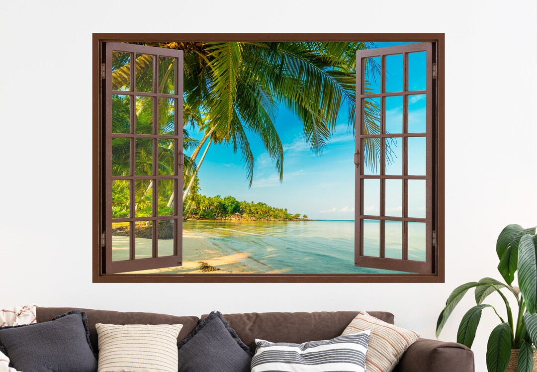 Beach 3D Window Wall Sticker, Palm Trees, Sea, Removable Easy Peel ...