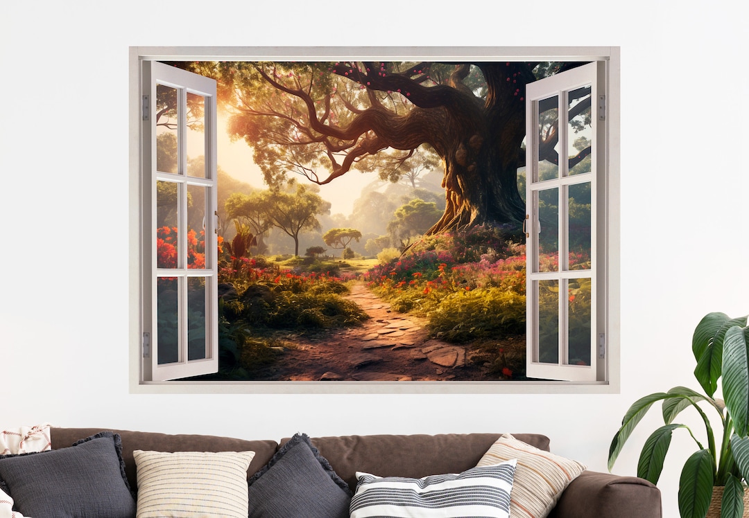 Mystical Forest 3D Window Wall Sticker, Trees, Sunlight, Removable Easy ...