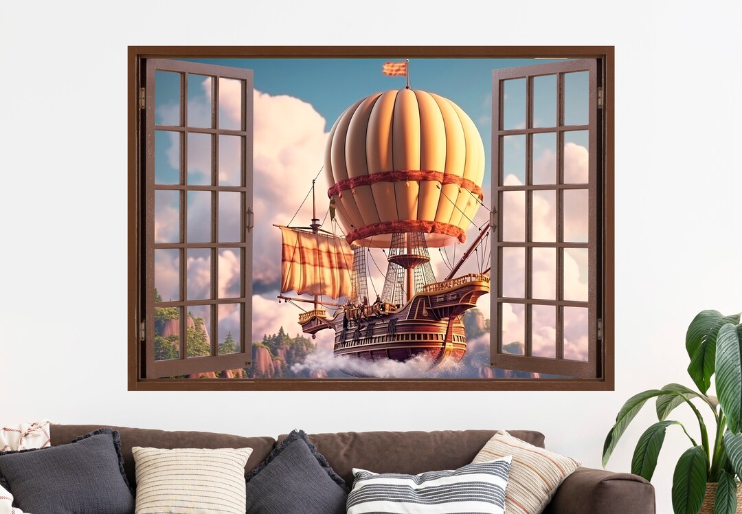Gothic Hot Air Airship 3D Window Wall Sticker, Balloon, Mountains ...