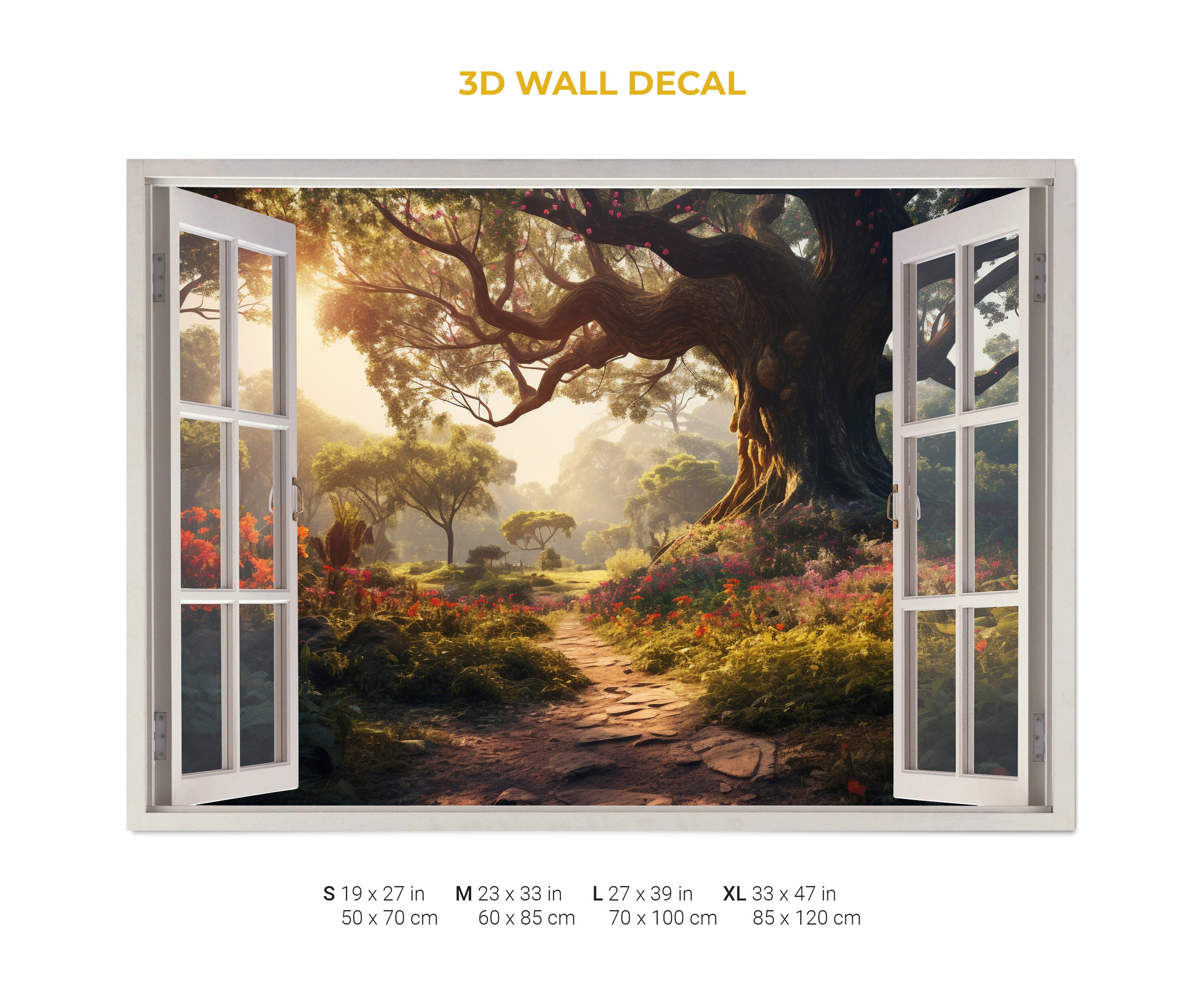 Mystical Forest 3D Window Wall Sticker, Trees, Sunlight, Removable Easy ...