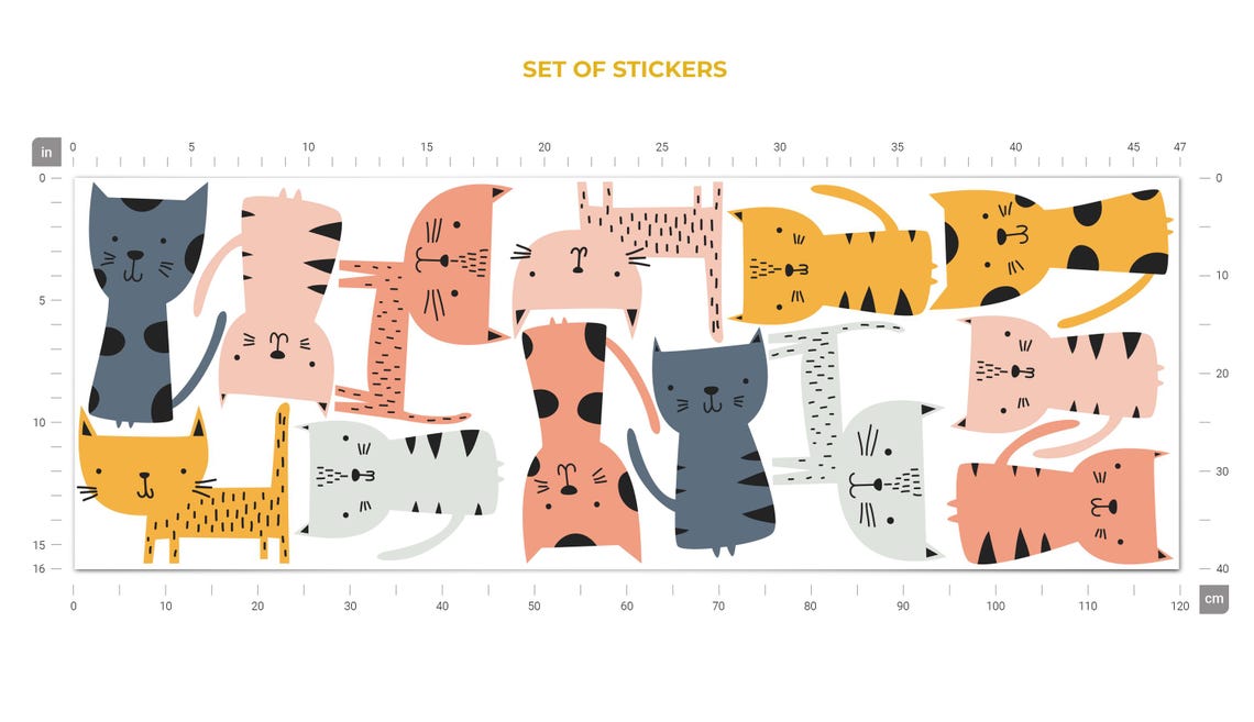 Cats Set of Wall Stickers, Cute Pets, Removable Easy Peel & Stick ...