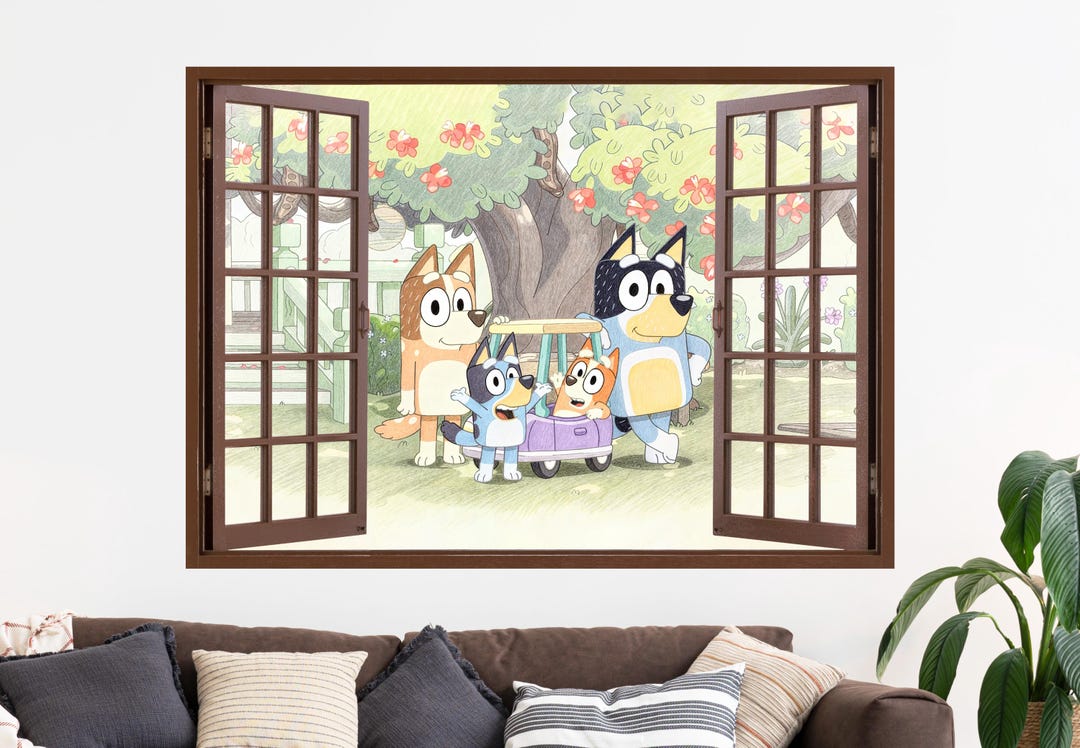 Bluey Landscape Wall Decal: 3D Window Effect, Kids Room, Peel and Stick ...