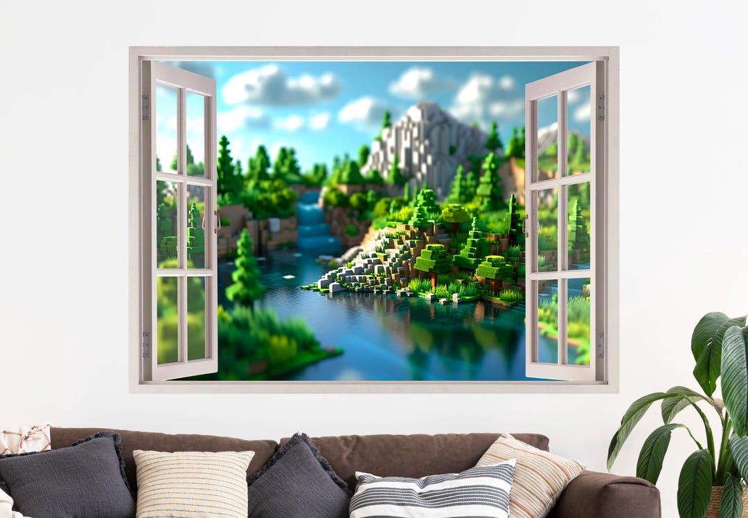 Block Video Game Landscape Wall Decal: 3D Window Effect, Gaming Decor ...
