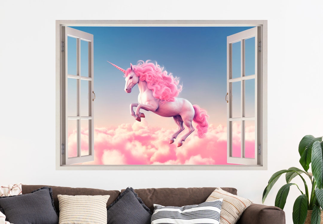 Unicorn 3D Window Wall Sticker, Pink Clouds, Horse, Removable Easy Peel ...