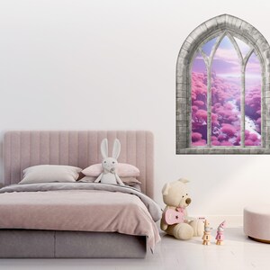 Fairy Landscape 3D Castle Window Wall Sticker, Pink Trees, River ...