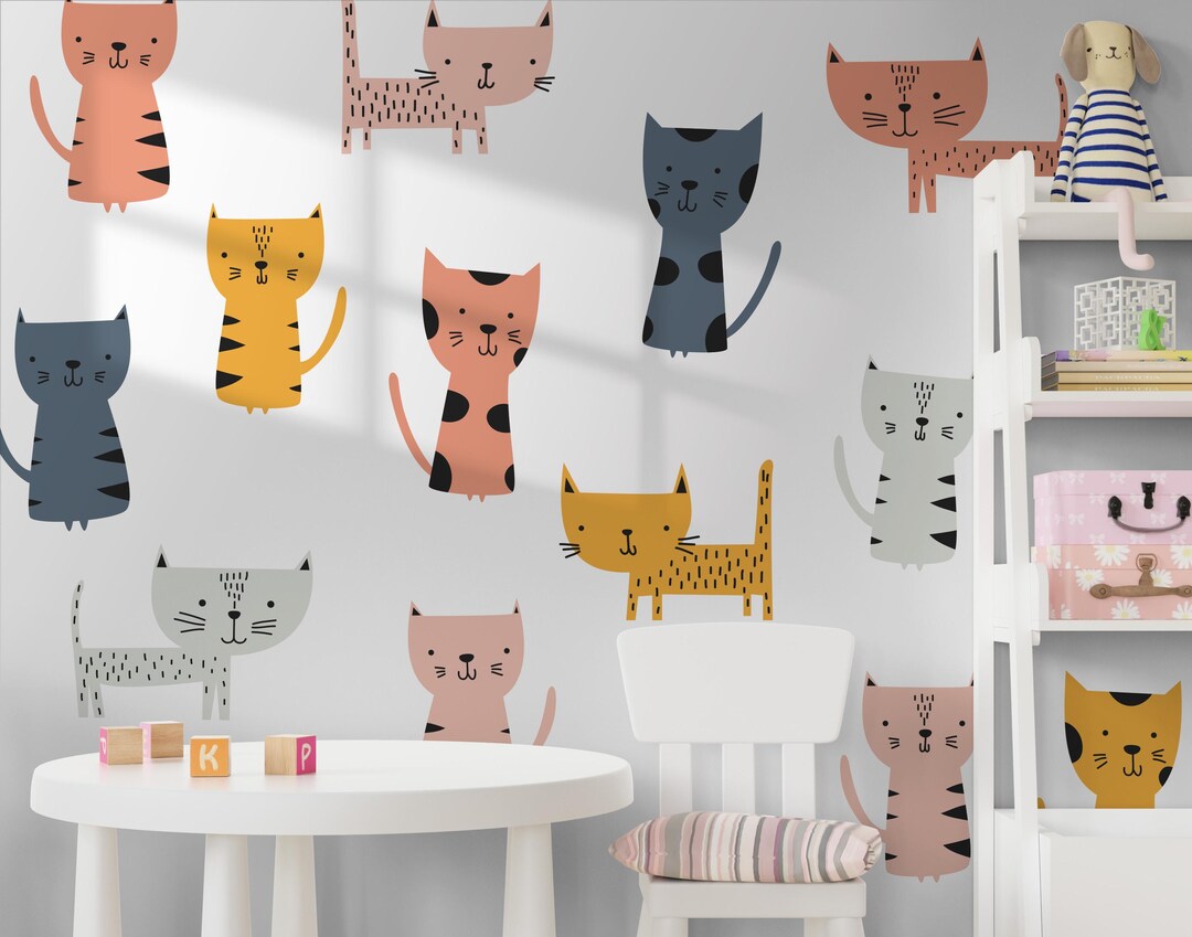 Cats Set of Wall Stickers, Cute Pets, Removable Easy Peel & Stick ...