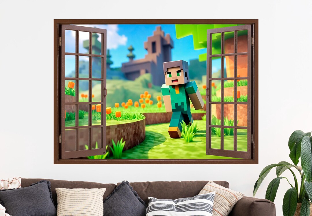 Block Video Game Landscape Wall Decal: 3D Window Effect, Gaming Decor ...