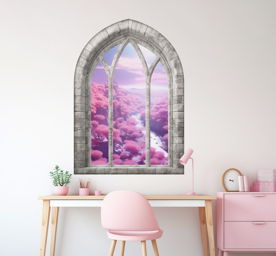 Fairy Landscape 3D Castle Window Wall Sticker, Pink Trees, River ...