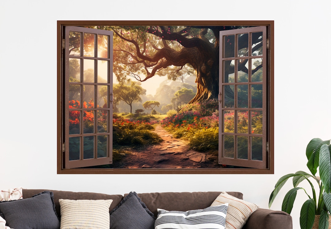 Mystical Forest 3D Window Wall Sticker, Trees, Sunlight, Removable Easy ...