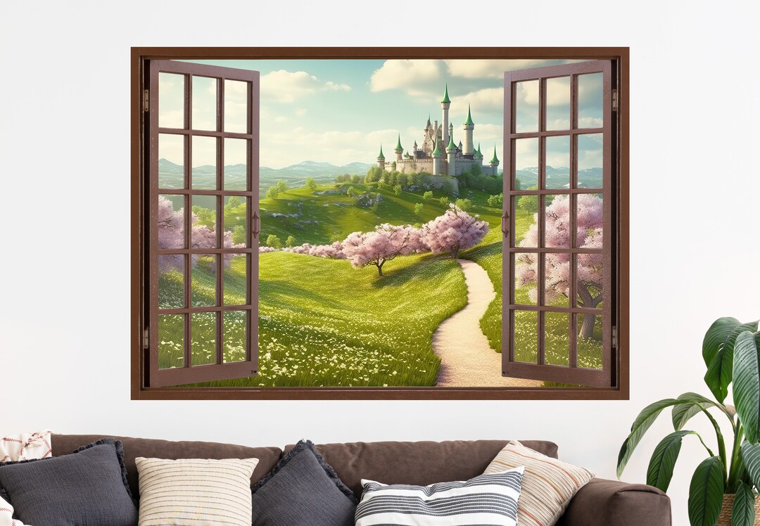 Fairytale Castle 3D Window Wall Sticker, Meadows, Trees, Clouds ...