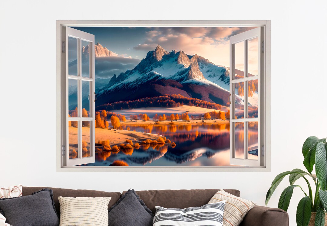 Mountains 3D Window Wall Sticker, Forest, Trees, Lake, Removable Easy ...