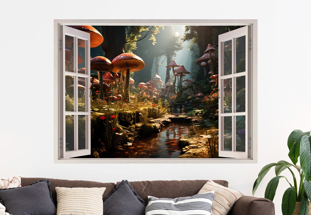 Fairytale Forest Landscape 3D Window Wall Sticker, Mushrooms, Trees ...