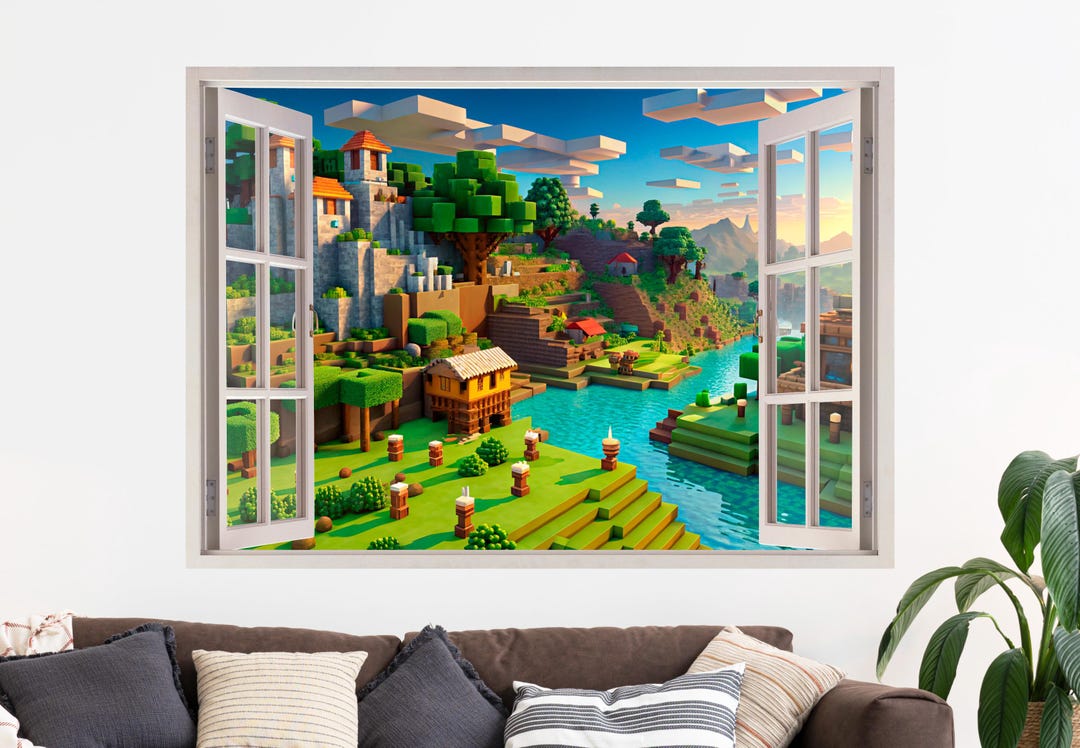 Block Video Game Landscape Wall Decal: 3D Window Effect, Gaming Decor ...