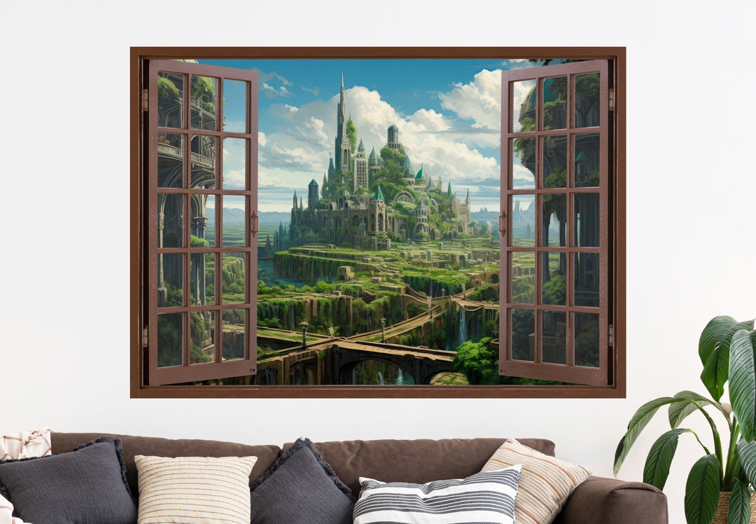 Landscape With Magical Castle 3D Window Wall Sticker, Trees, Clouds ...