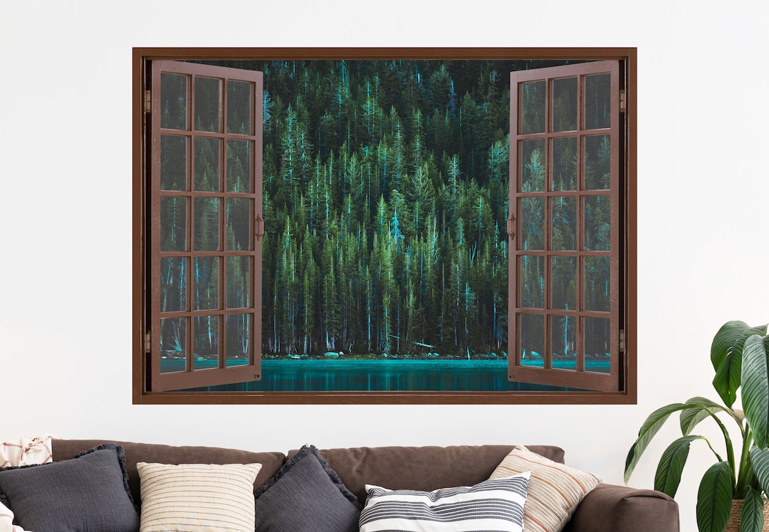 Conifer Forest 3D Window Wall Sticker, Trees, Lake, Removable Easy Peel ...