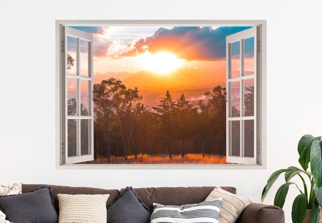 Sunset 3D Window Wall Sticker, Trees, Clouds, Removable Easy Peel ...