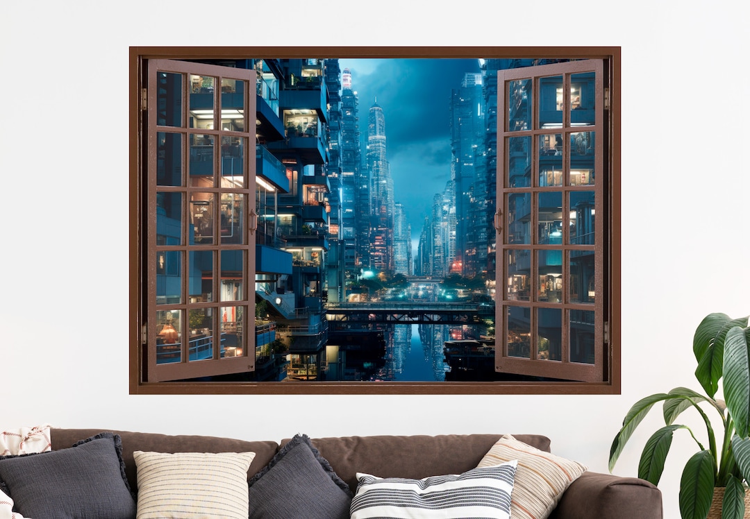Futuristic City 3D Window Wall Sticker, Buildings, Bridges, Removable ...