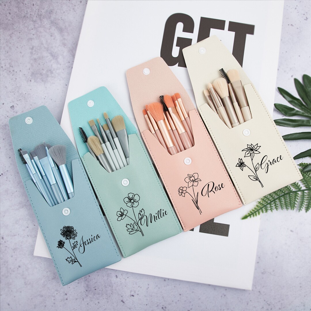 Personalised Makeup Brushes Set With Birth Flower,makeup Brush Bag ...