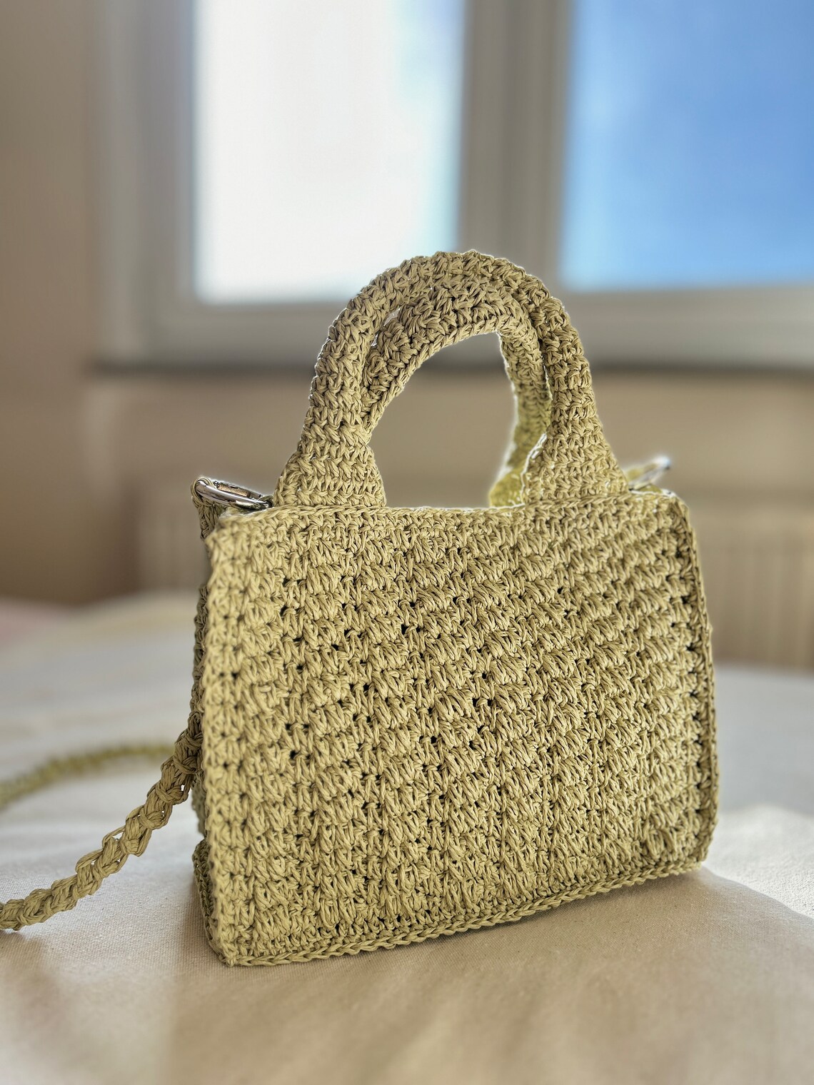 Modern Crochet Paper Yarn Bag, Lightweight Handmade Bag, Crossbody Bag ...