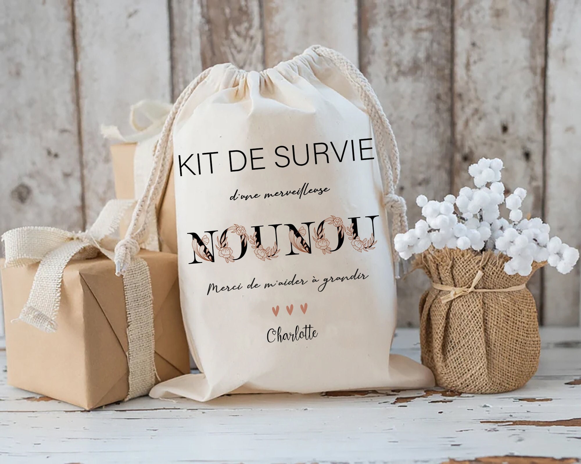 Kit de survie personnalisé Nounou/cabas Merveilleuse Nounou cœur /sac ...