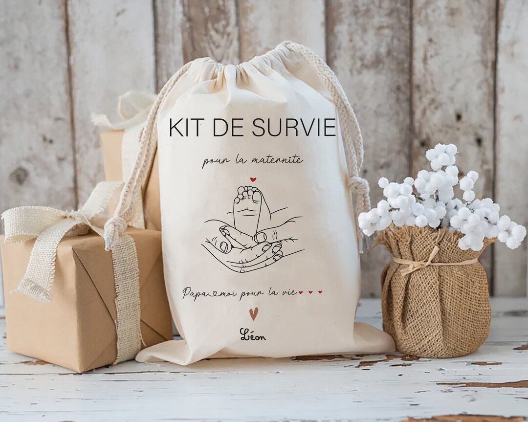 Survival Kit Future Dad Pouch Beige Bag Personalized Cotton Drawstring ...