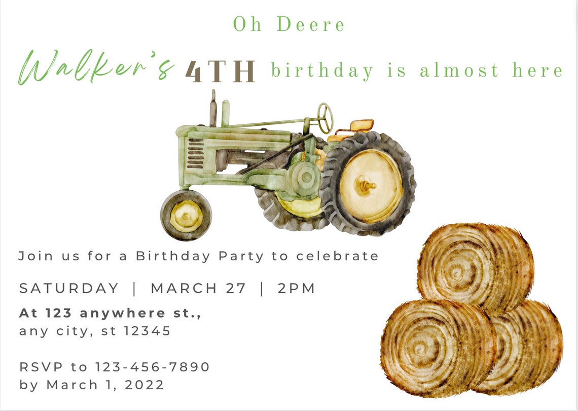 John Deere Tractor Birthday Invitation Editable - Etsy
