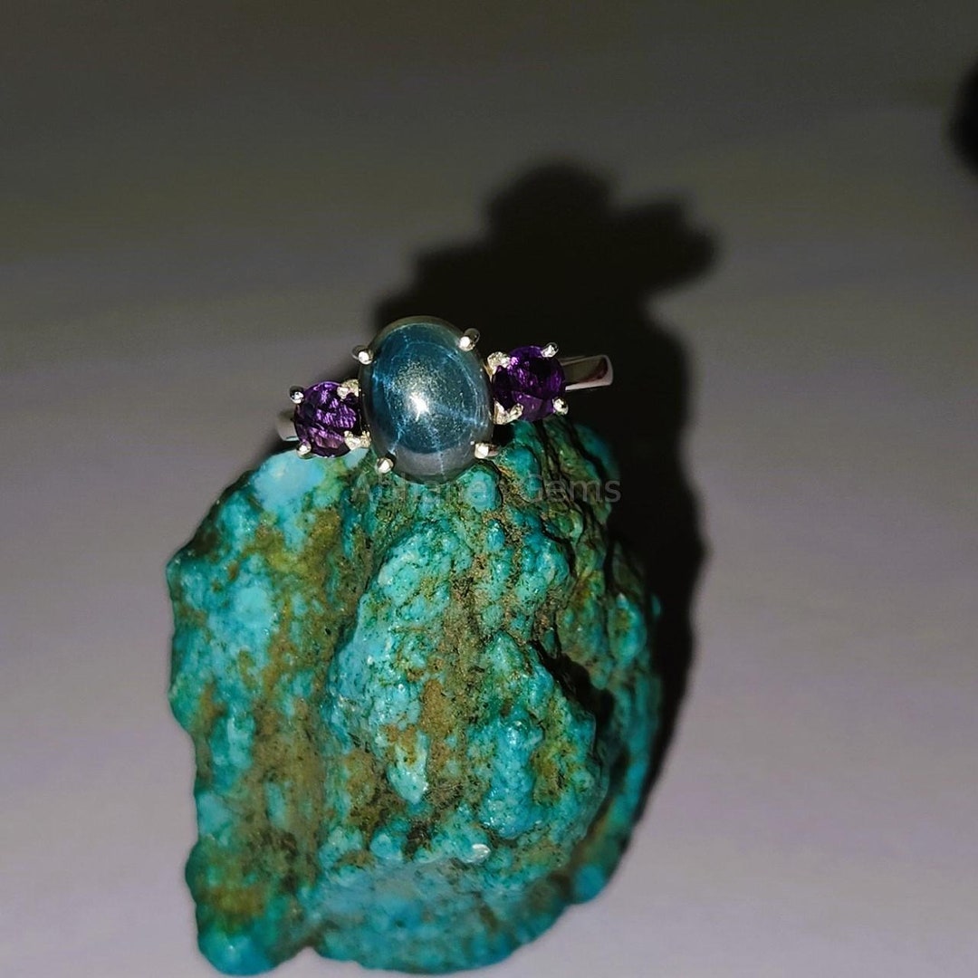 Solitaire Vintage Green Star Sapphire Ring With Amethyst 925sterling ...