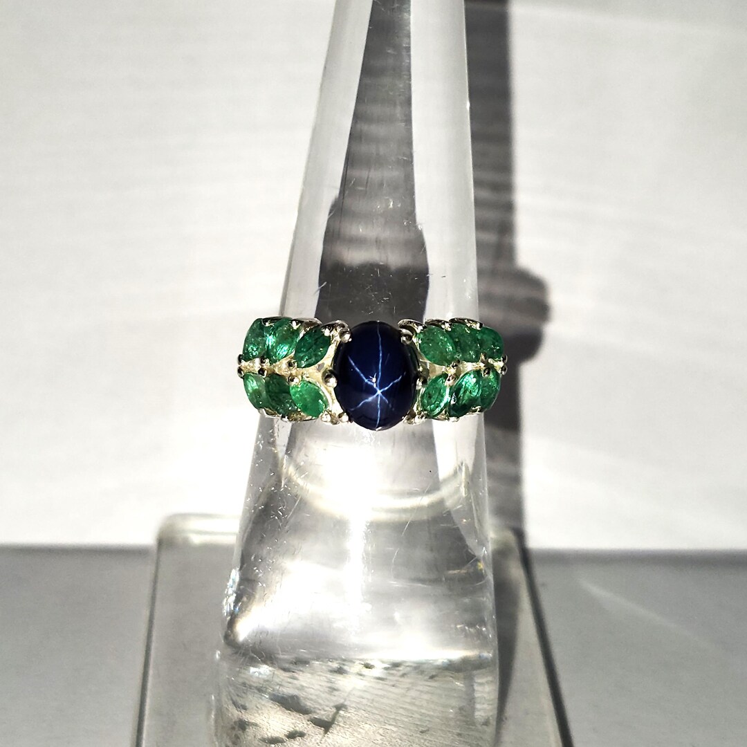Vintage Cornflower Star Sapphire & Emerald Ring Sterling Silver Lindy ...