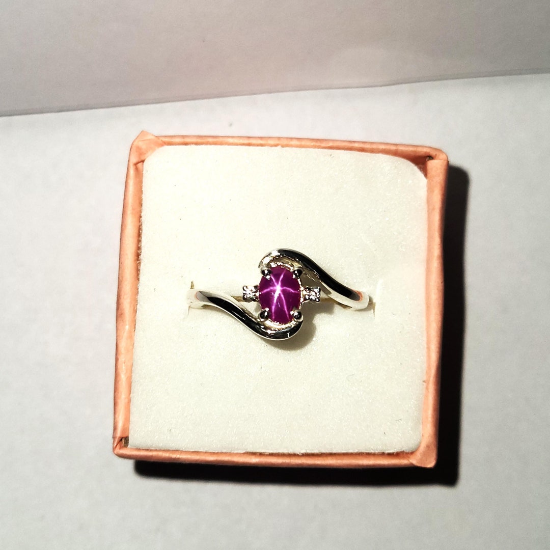 Oval Star Ruby Solitaire Ring, Red Ruby Certified Cabochon Solid Silver ...