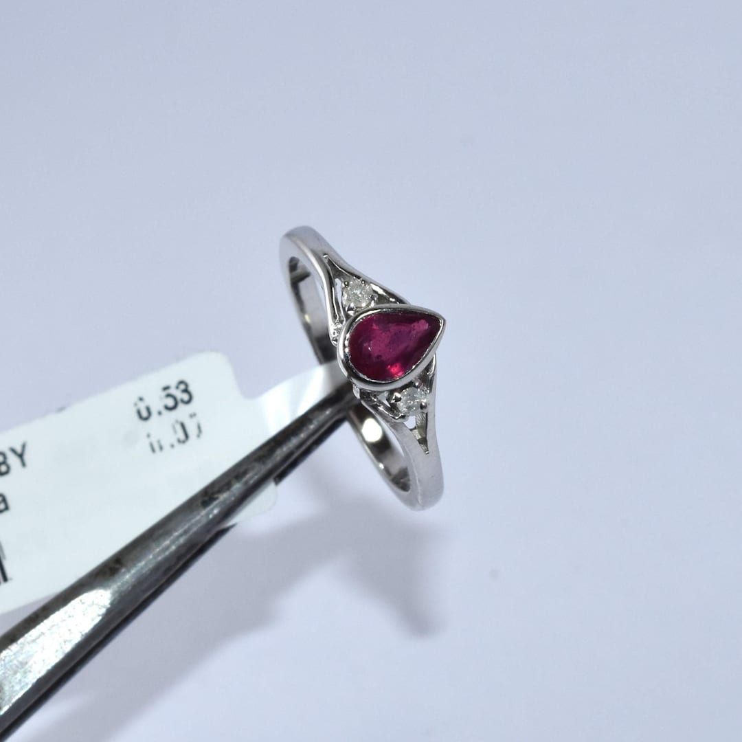 925 Sterling Sliver Red Pear Ruby Ring & Diamond Ring, Simple Dainty ...