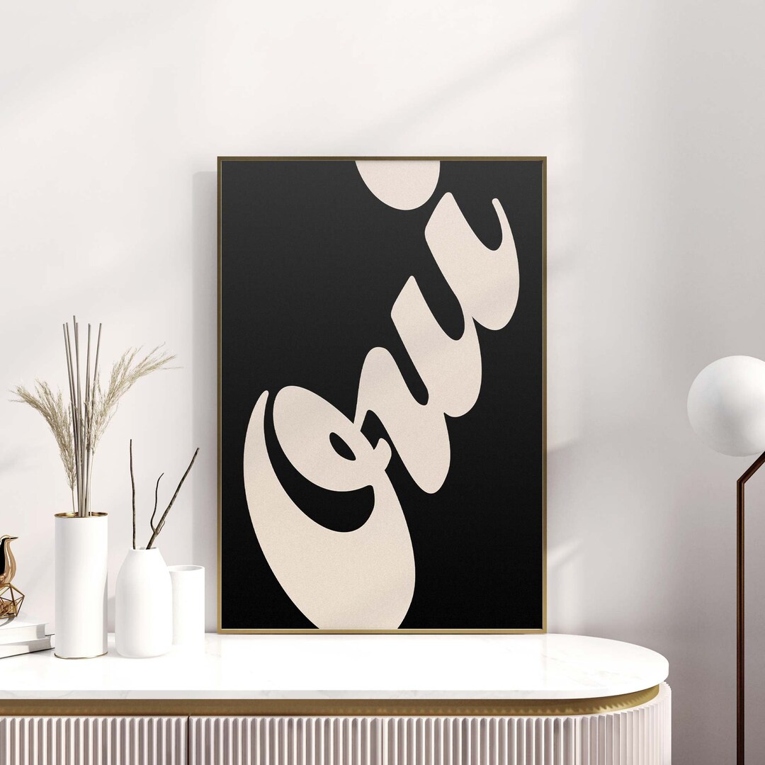 Oui French Quote, Printable Black and White Wall Art, Retro Typography ...